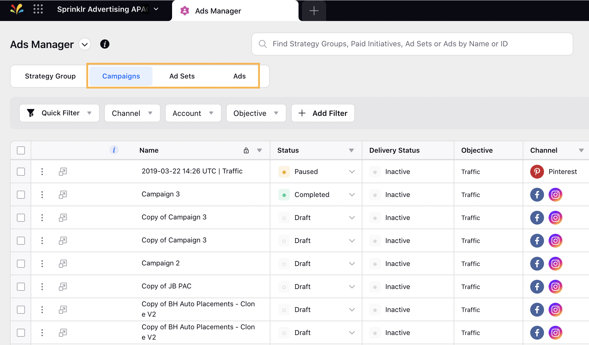 ‎Actions Available for Ad Entities in Ads Manager | Sprinklr Help Center